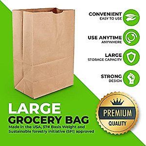 Large Paper Grocery Bags, 12x7x17 Kraft Brown Heavy Duty Sack 57 Lbs Basis Weight (100)