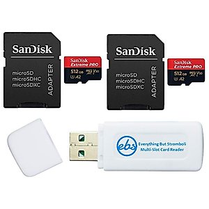 SanDisk 512GB Extreme Pro MicroSD Memory Card (2 Pack) Works with GoPro Hero 10 Black Action Camera U3 V30 4K A2 Class 10 (SDSQXCZ-512G-GN6MA) Bundle with 1 Everything But Stromboli Micro Card Reader