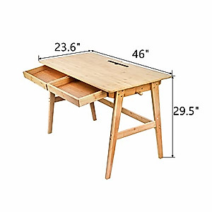 Dicunoy Computer Desk with 2 Drawers, 46" Solid Bamboo Home Office Writing Desk for Small Spaces, Compact Simple Style Tables with Gap Design and Hook for PC, Laptop, Students, Study, Makeup, Bedroom