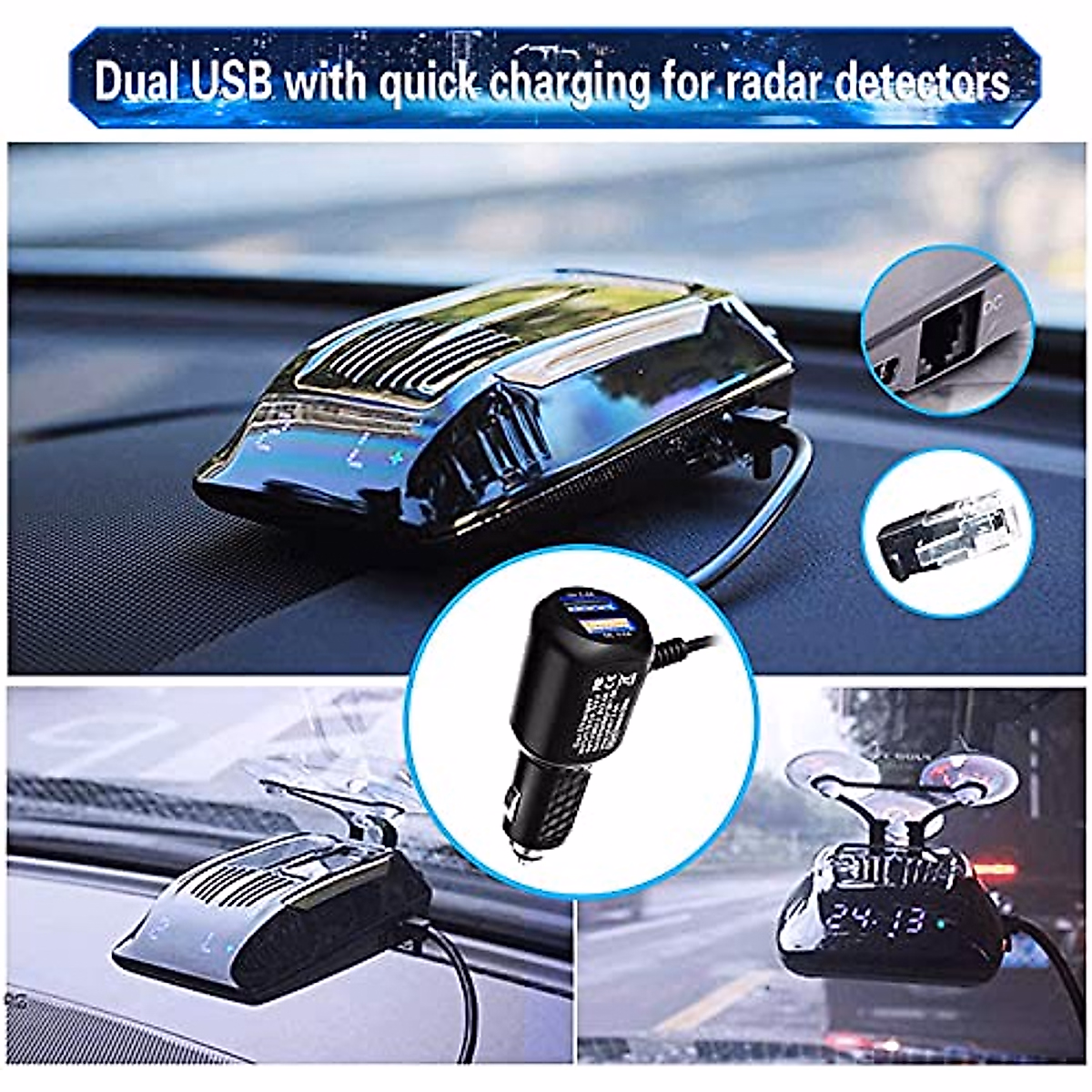 Radar Detector Power Cord,for Uniden Escort Valentine Beltronics Passport Cobra etc Radar Detector,with Dual USB QC3.0 Quick Charger（RJ11