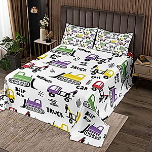 Cartoon Excavator Truck Bedspread Queen Size Construction Vehicle Comforter Set Building Equipment Bedding Set for Kids Boys Teens Room Decor,Colorful Trucks Crane Tractor Quilt Set,3pcs