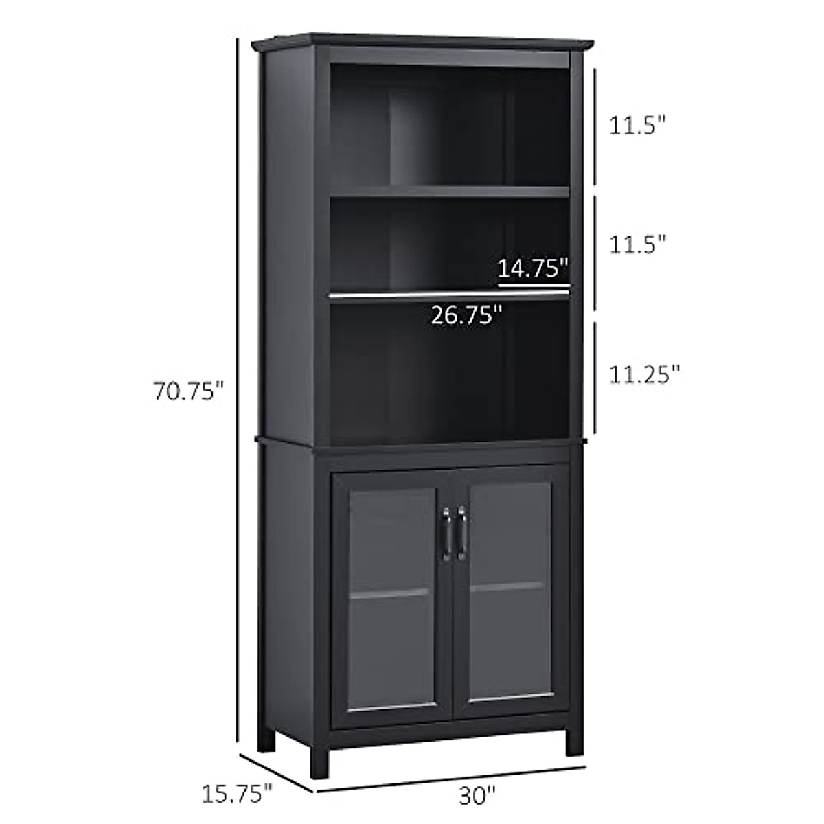 HOMCOM 71" Bookcase Storage Hutch Cabinet with Adjustable Shelves and Glass Doors for Home Office, Kitchen, Living Room, Black