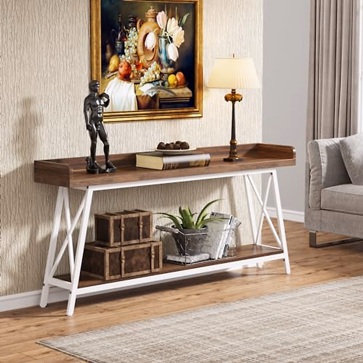 Tribesigns 70.9 inch Extra Long Console Table Behind Couch, Rustic Industrial Sofa Table for Living Room, Narrow Entryway Hallway Long Bar Table, Brown+White