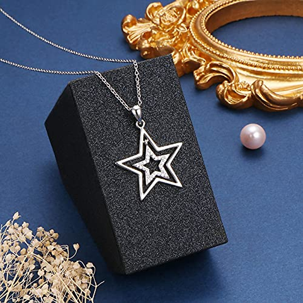 Alphm S925 Sterling Silver Double Stars Necklace Pentagram Pendant Jewelry for Women