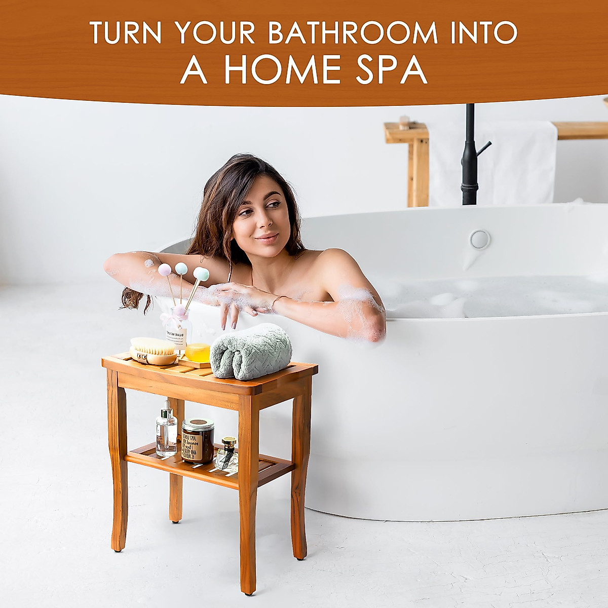 16 Inch Teak Shower Bench Stool with Storage Shelf, Waterproof Teak Spa Bathing Stool for Inside Shower, Bathroom Shower Chair for Adult Elderly Perfect for Indoor and Outdoor Use