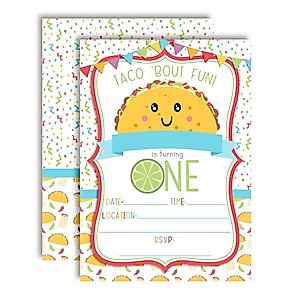 Taco 'Bout Fun Taco Themed First Birthday Fiesta Party Invitations, 20 5x7 Fill In Cards with Twenty White Envelopes by AmandaCreation
