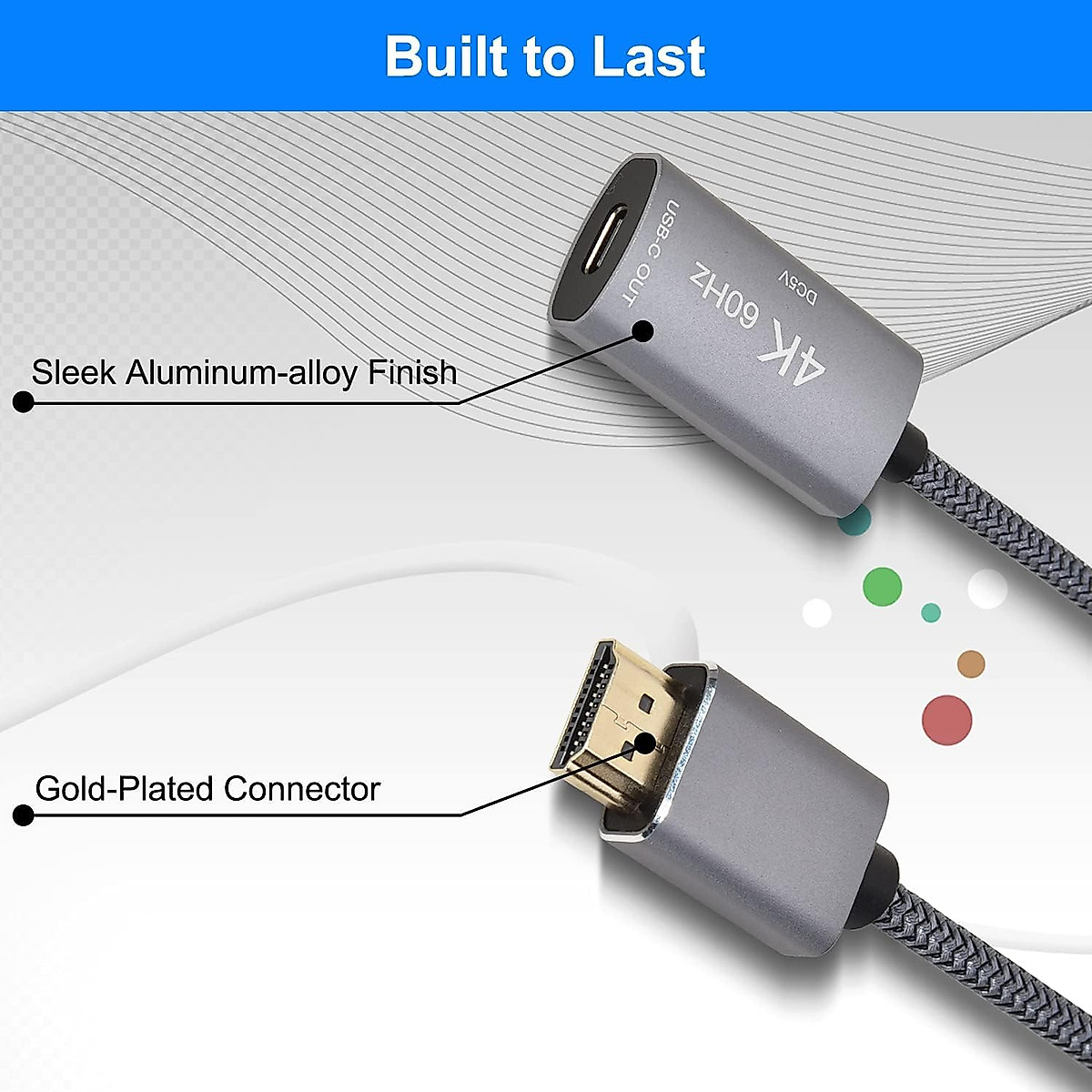 HDMI Male to USB-C Female Cable Adapter with USB C Power Cable,Uni-Directional HDMI (source) to Type C 3.1 (display) Converter,4K 60Hz Thunderbolt 3 Adapter for MacBook Pro,Microsoft Surface,Xreal Air