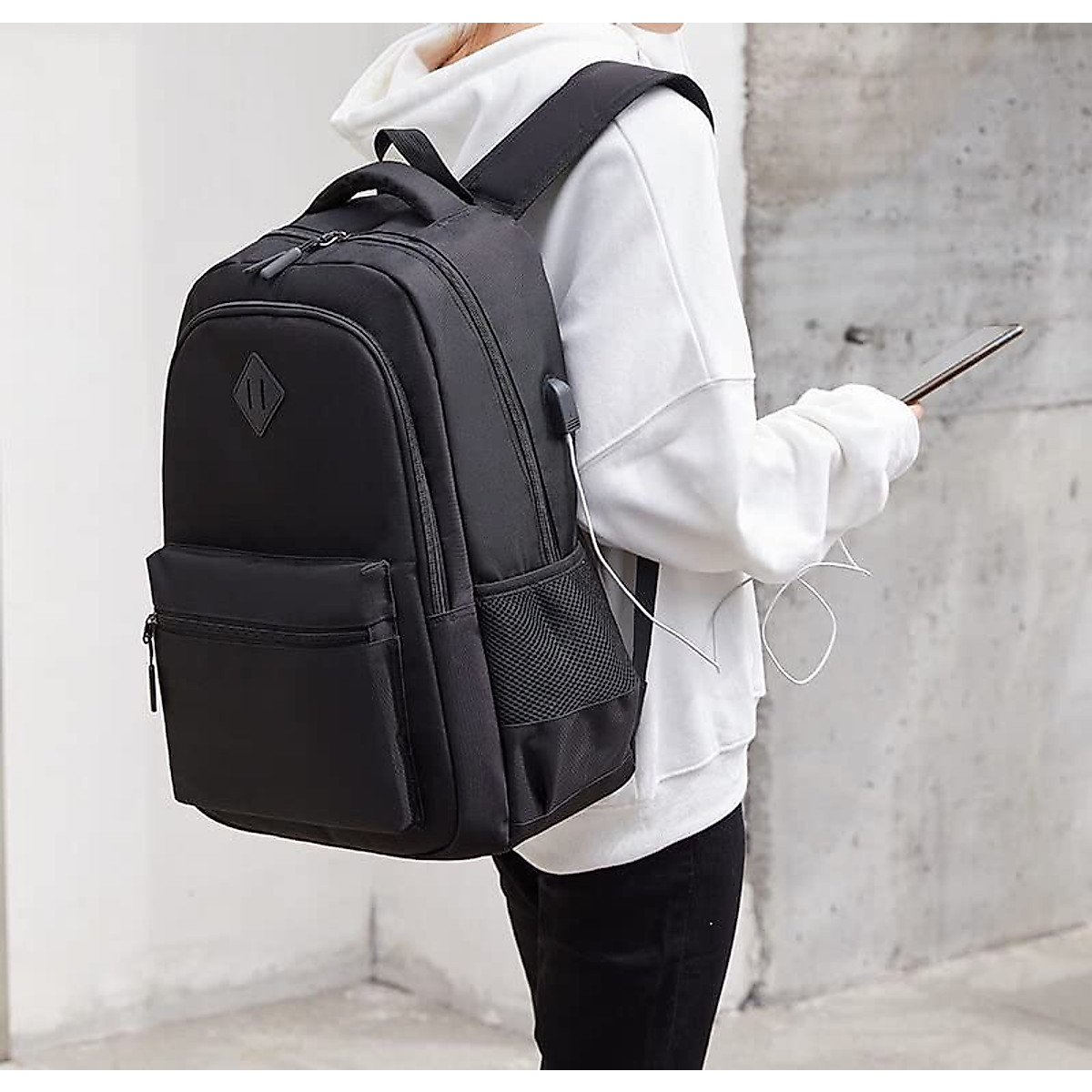 KOWVOWZ USB Charging Port Aesthetic Laptop Backpack Travel Student Bookbag Water Resistant (Black)