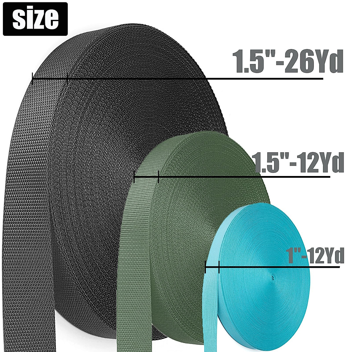 Nylon Webbing 1 Inch 1.5 Inch, Heavy Duty Nylon Webbing Strap 12 Yard, Durable Nylon Strapping for Indoor or Outdoor Gear, DIY Crafting, Repairing, (Black, 12 Yard)