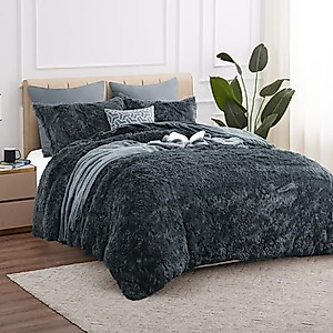 Aisbo Faux Fur Duvet Cover King - Fuzzy Plush Shaggy Duvet Cover King Size with Button Closure, Soft Fluffy Comforter Cover Set 104x90 Inches with 2 Pillow Shams for Winter, Grey
