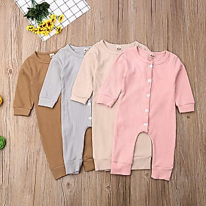 Kuriozud Newborn Infant Unisex Baby Boy Girl Long Sleeve Button Solid Knitted Romper Bodysuit One Piece Jumpsuit Summer Outfits Clothes (Long Sleeve Jumpsuit Brown, 0-3 Months)