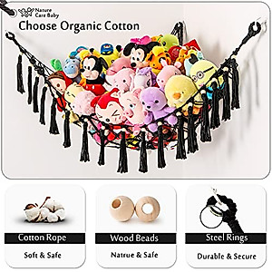 MAKEONEWO Stuffed Animal Toy Hammock Hanging- Macrame Toy Hammock with Tassels-Stuff Animals Organizer Storage Boho Large Corner Plush Toys Net Holder for Nursery, Play Room, Kids Bedroom (Black), 1 Pack