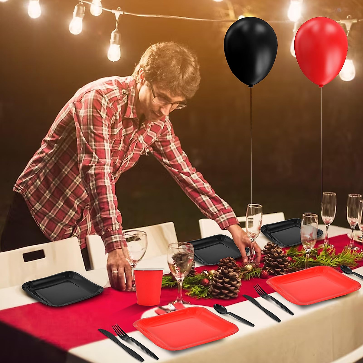 120 Pieces Red and Black Paper Plates and Napkins Party Decorations Supplies Square Red and Black Dinnerware Paper Plates Cups and Utensils Set for 2023 Congrats Grad Wedding Birthday Parities