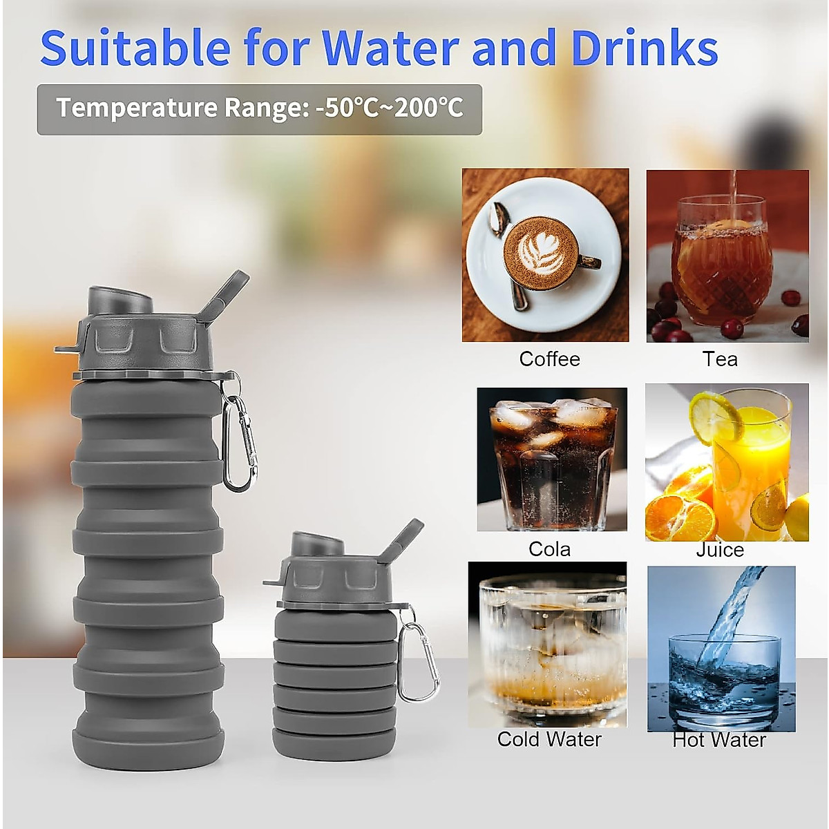 ＲＵＥＩＵＲＩ Collapsible Water Bottle, Foldable Cup,500Ml Collapsible Sport Water Bottle Bpa Reusable Travel Water Bottles For Hiking Biking Running Outdoor Gym (Gray(B)+Purple(B))