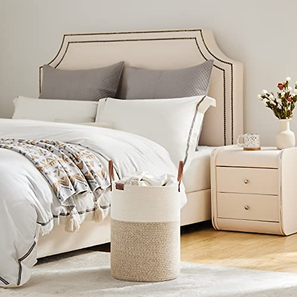 VIPOSCO Small Laundry Basket, Slim Baby Hamper with Leather Handle, Cute Woven Rope Storage Basket for Blanket, Kids Toy, Clothes In Living Room, Bathroom, Bedroom, Nursery Room - 30L White & Brown