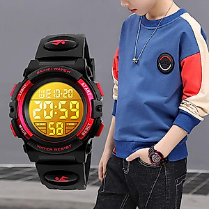 FIZILI Boys Watch Digital Sports Waterproof Outdoor Kids Watches Alarm Clock 12/24 H Stopwatch Calendar 3-15 Year Old Boys Girls Wristwatch - Black Red