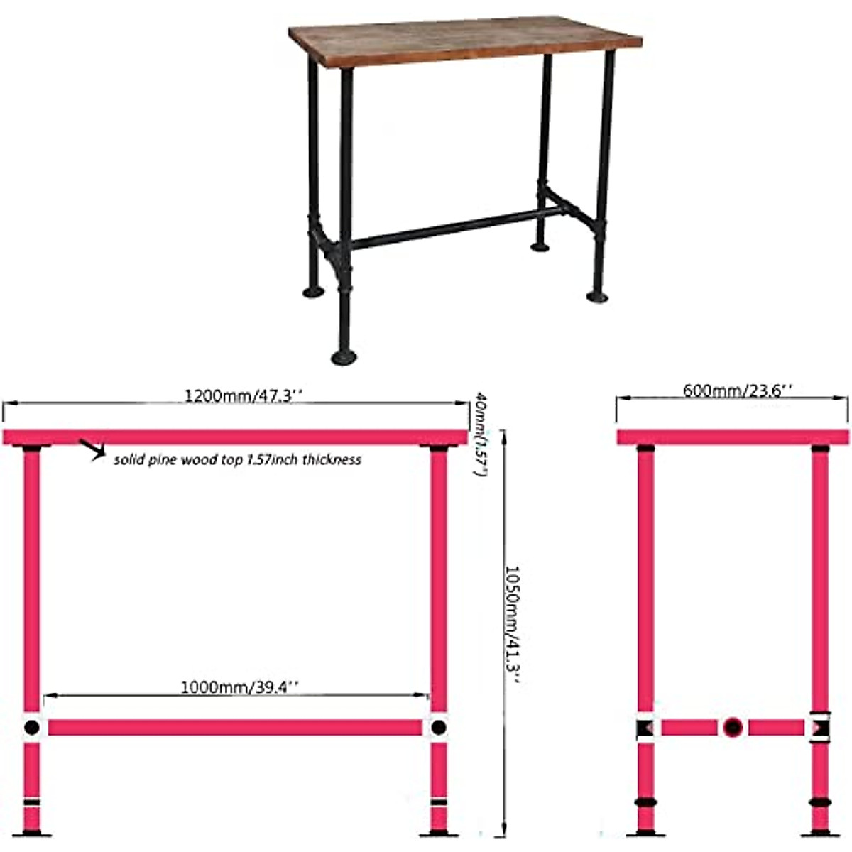 Diwhy 5 Piece Bar Table and Barstool Set Industrial Rectangular Pipe Dining Pub Bar Table Black and Kitchen Counter Height Adjustable Wooden Seat Stool Black(1 Table + 4 Chairs)