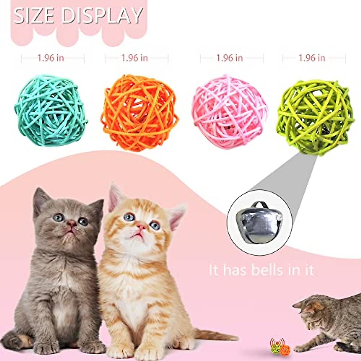 Andiker Cat Balls, 5pcs Colorful and Build-in Bell Cat Sound Ball Toy Bird Toys Natural Play Balls Parrot Gnawing Toy Chew and Chase Cat Toys for Indoor Cats to Keep Fit and Active (Bell Ball)