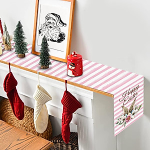 Sping Table Runner 13x72 Inches, Easter Floral Table Runner with Pink Stripe for Easter Spring Holiday Dining Table Party Decorations Events