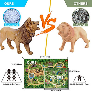 Mini Tudou 12 Pcs Safari Animals Figures Toys w/ 57x38.6’’ Large Activity Play Mat, Realistic Jumbo Jungle Wild Zoo Animals Figurines Playset w/Elephant, Giraffe, Lion for Kids Boys