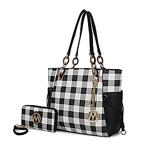 MKF 2-PC Set Tote Satchel Bag for Women & Wristlet Wallet Purse: PU Leather Handbag Pocketbook, Shoulder Strap Black