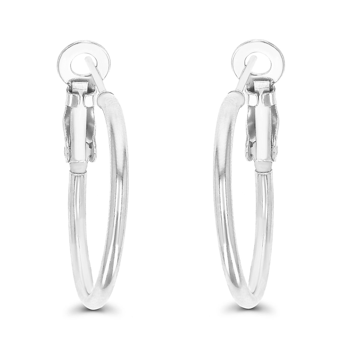 Sterling Silver Polished Omega Back Hoop Earrings for Women | 2x25mm Round Hoop Earrings | Secure Bar Closure | 14k Plated Shiny Classic Earrings