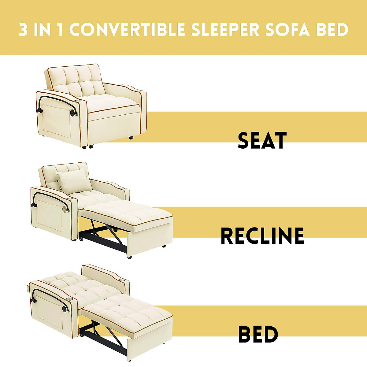 3 in 1 Sleeper Sofa Chair Bed,Velvet Convertible Sleeper Chair Bed,Pull Out Bed Chair With USB Port & Ashtray and Swivel Phone Stand & Storage Pockets,Modern Chair Sleeper Bed for Living Room
