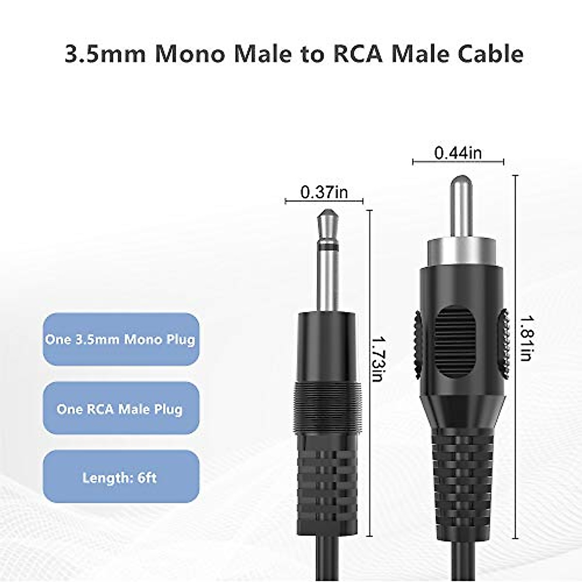 RCA to 3.5mm Mono, 6ft 3.5mm 1/8 inch Mono Male Plug to RCA Male Audio Cable Adapter, for Speakers, Subwoofer