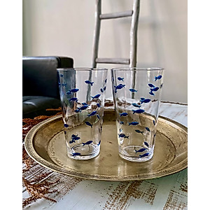 KLIFA- CHARLESTON- 19 oz, Set of 6, Acrylic Fishing Highball, School of Fish Drinking Glasses, BPA-Free, Stackable Plastic Drinkware, Dishwasher Safe Cups, Clear with Dark Blue Printing