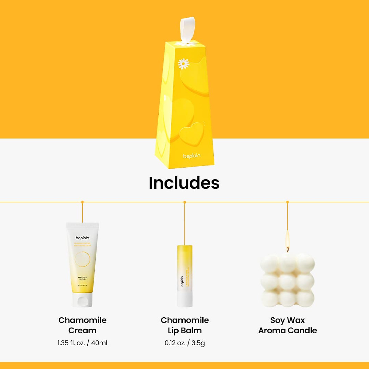 beplain Chamomile Relaxing Gift Set (Face Cream & Lip Balm & Candle) | Skin Care kit Gift Set | Natural Scent Free Korean Skin Care