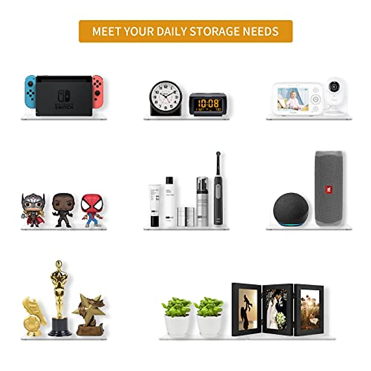 BRITUDE 2 Pack Small Floating Shelf for Wall, 9 Inch Acrylic Wall Display Ledges for Bedroom, Bathroom, Living Room, Office, Easy Installation with Clear Tape and Screws Kits