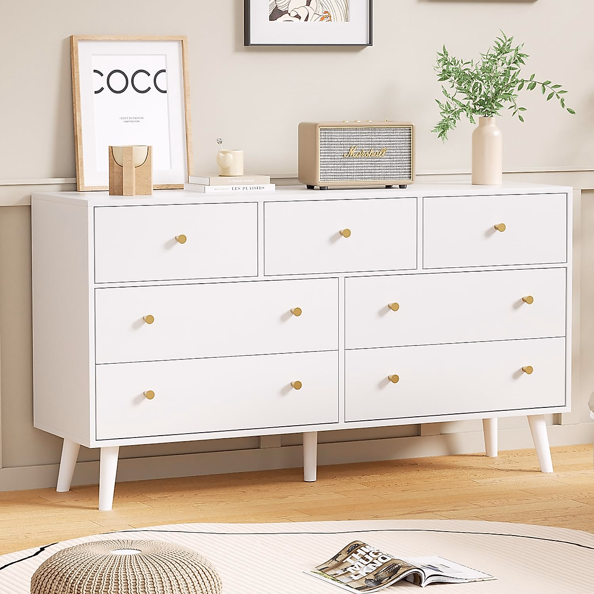 HOUROM White Dresser for Bedroom, Dresser with 7 Drawers, Wood Dressers & Chests of Drawers, Modern Double Dresser with Wide Drawer and Metal Handles