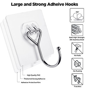 Meknow Large Adhesive Hooks Utility Hooks 12 Pack Waterproof and Rustproof Wall Hooks for Hanging Heavy Duty, Stainless Steel Robe & Towel Hanger 22Ib(Max) for Kitchen, Bathroom, Home and Office