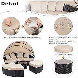 Walsunny Patio Furniture Round Daybed with Retractable Canopy, Outdoor Wicker Rattan Sectional Sofa Set,Seating Separates Cushioned Seats for Patio Lawn Backyard Pool