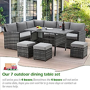 AECOJOY Patio Furniture Set, 7 Pieces Outdoor Patio Furniture with Dining Table&Chair, All Weather Wicker Conversation Set with Ottoman,Grey
