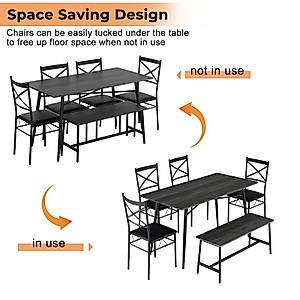 VINGLI 55in Modern Dining Table Set for 6, Rectangular Kitchen Dining Table, Bench, 6 Piece Wooden Dinner Table Set with Upholstered Chairs for Kitchen, Dining Room, Apartment - Dark Grey