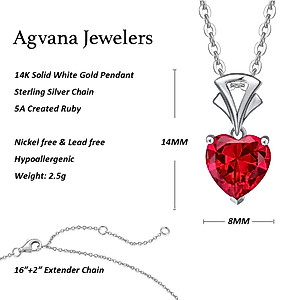 14K Solid White Gold Ruby Pendant with Sterling Silver Chain Mothers Day Gifts for Mom 8x8mm Heart Shape Solitaire July Birthstone Necklaces Fine Jewellery Anniversary Birthday Gifts for Women
