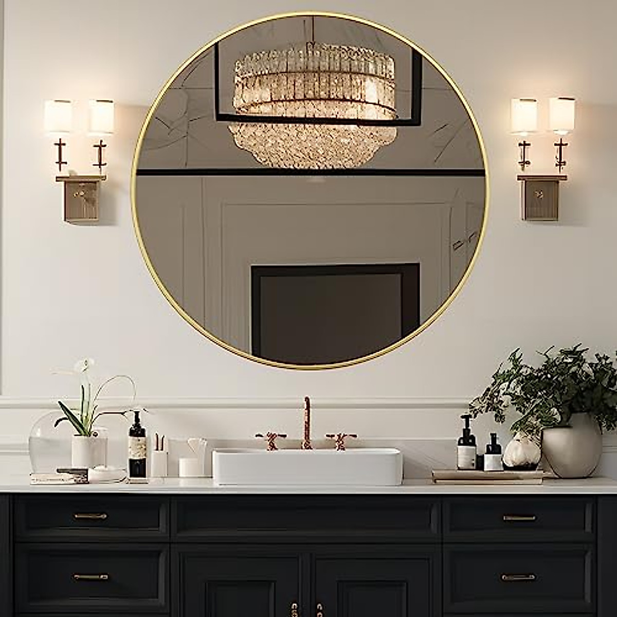 Growsun 48 inch Large Gold Round Mirror, Bathroom Mirror for Wall, Metal Frame Round Mirror for Fireplace Living Room Wall Decor