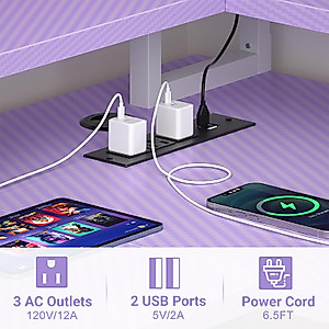 armocity L Shaped Computer Desk with Power Outlets, Gaming LED Lights, Corner Storage Shelves, Work Study for Bedroom, Home Office Small Spaces, 47'', Carbon Fiber Purple