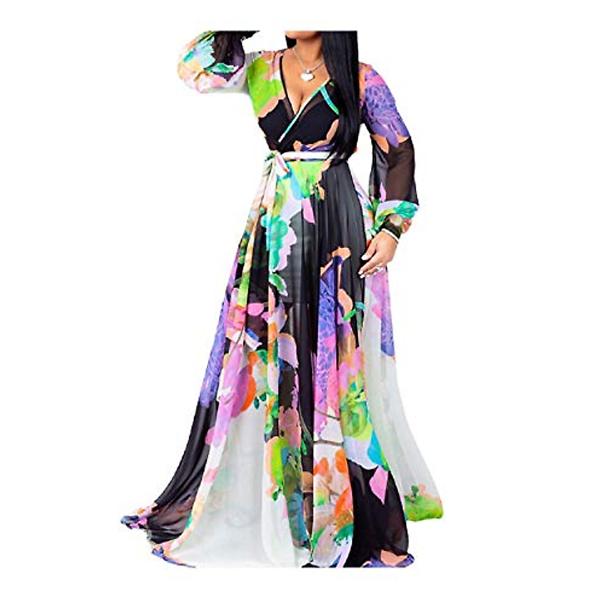 lvenzse Womens Chiffon Deep V Neck Printed Stylish Maxi Dress Dresses High Slim Waisted Belt Plus Size