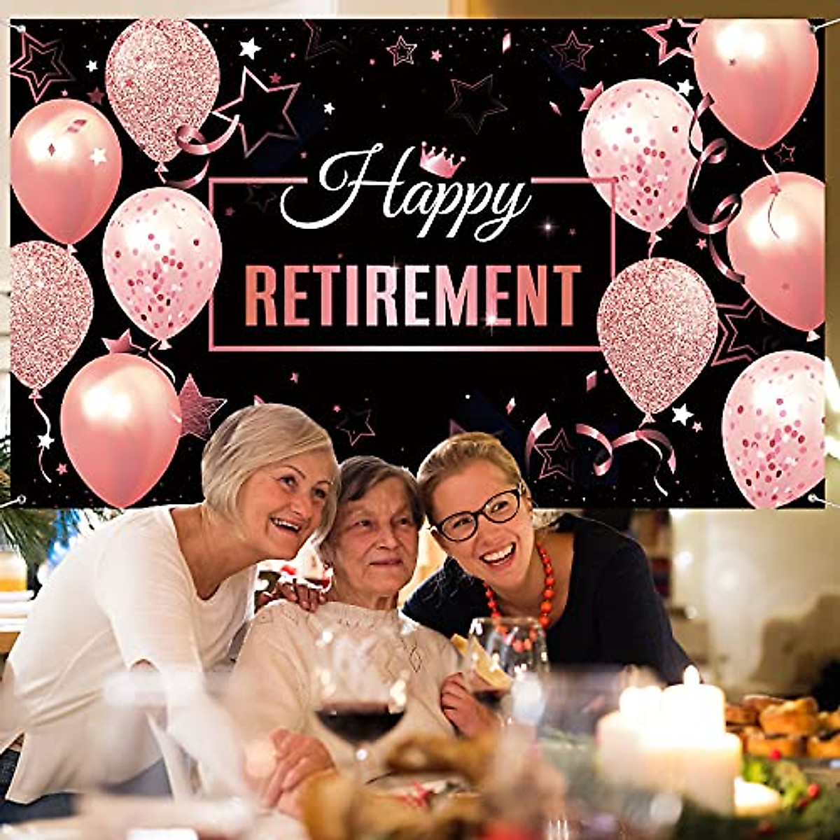 Happy Retirement Party Decorations, Extra Large Fabric Happy Retirement Sign Banner Photo Booth Backdrop Background with Rope for Retirement Party Favor (Black and Rose Pink,72.8 x 43.3 inch)