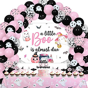 A Little Boo is Almost Due Halloween Baby Shower Decorations for Girl Pink and Black Balloon Garland Arch Kit Backdrop Tablecloths Cake Topper Bat Ghost Foil Balloons for Halloween Table Decorations