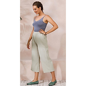 ECUPPER Womens Casual Loose Elastic Waist Cotton Trouser Cropped Wide Leg Pants Natural 18