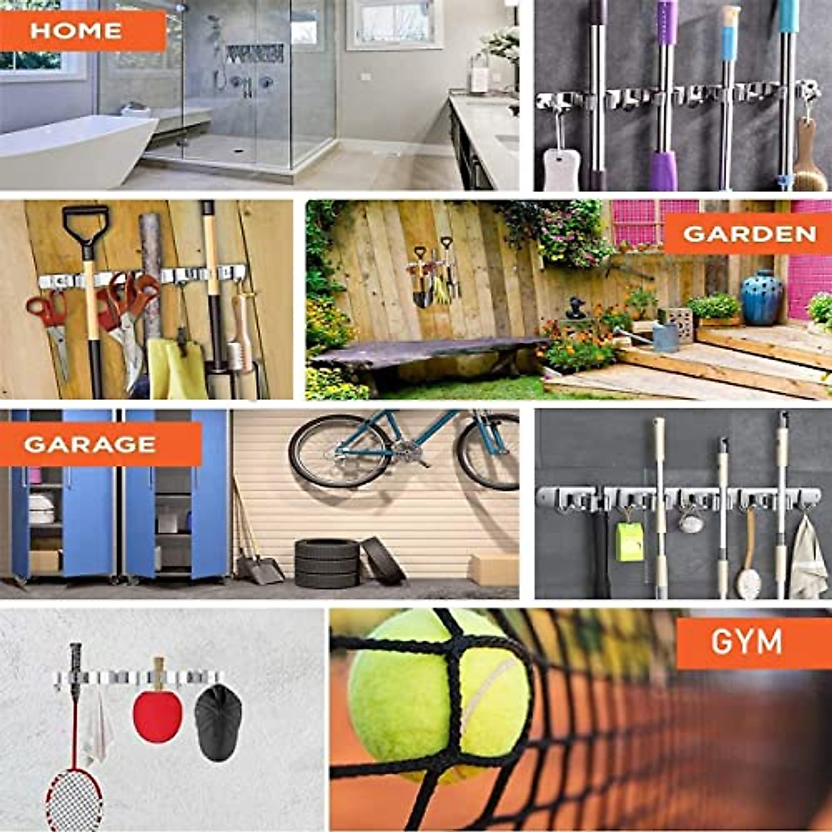 Bosszi Mop and Broom Holder, 4 Positions 5 Hooks Heavy Duty Mop Hanger Wall Mounted Stainless Steel Organizer for Home Laundry Bathroom, Garage Storage Systems Utility Tools Rack