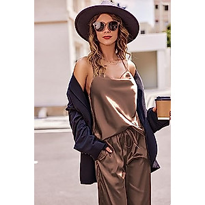 Ekouaer Pajamas for Women Silk Cowl Neck Cami Top Wide Leg Long Pants Set Satin Pjs Sleepwear 2 Piece Lounge Set Brown,Medium