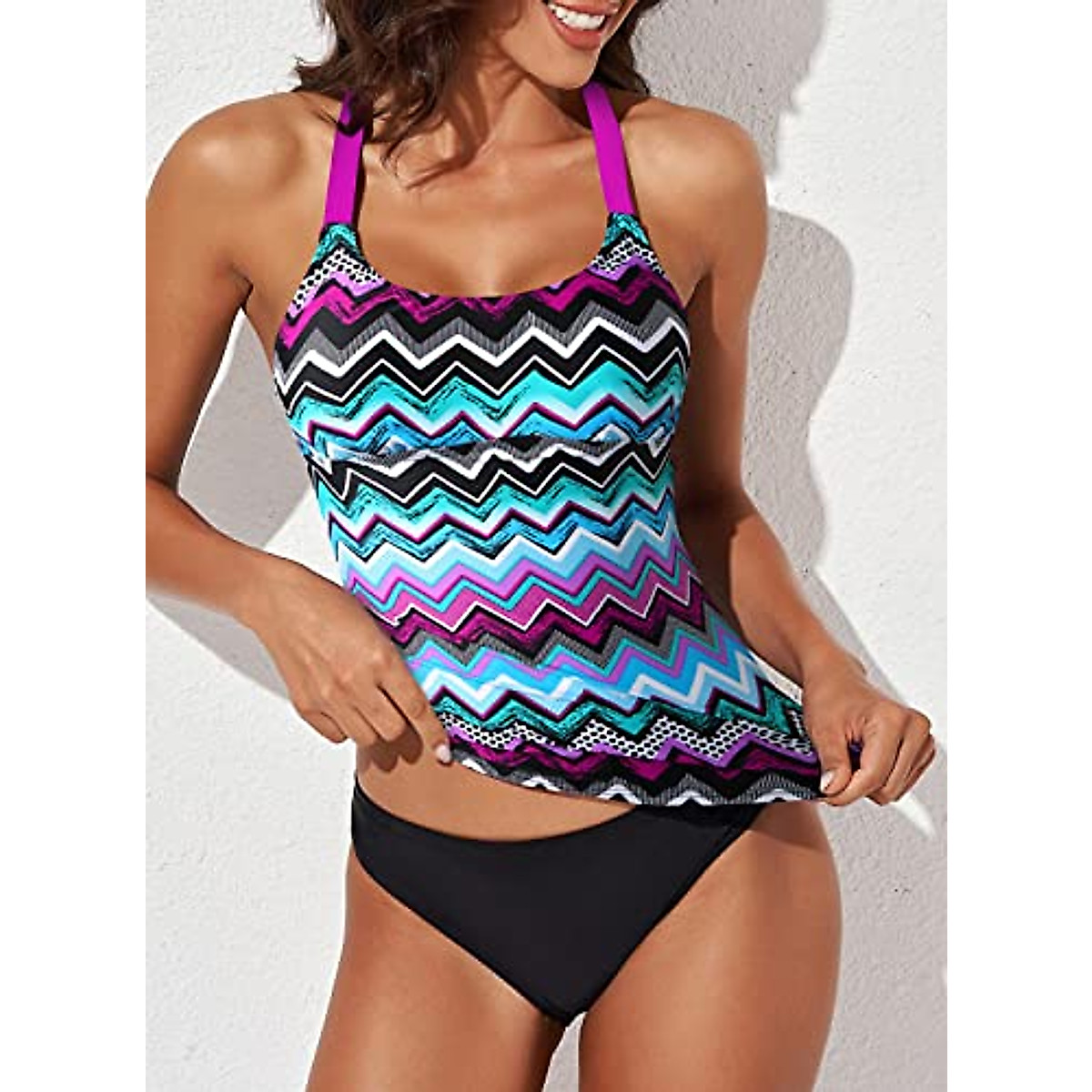 Aleumdr Womens Ladies Striped Zigzag Print Color Block Open Back Bandeau Blouson Push up Tankini Swim Bikini Top No Bottom Swimsuit Bathing Suit Swimwear Purple Plus Size XL 14 16