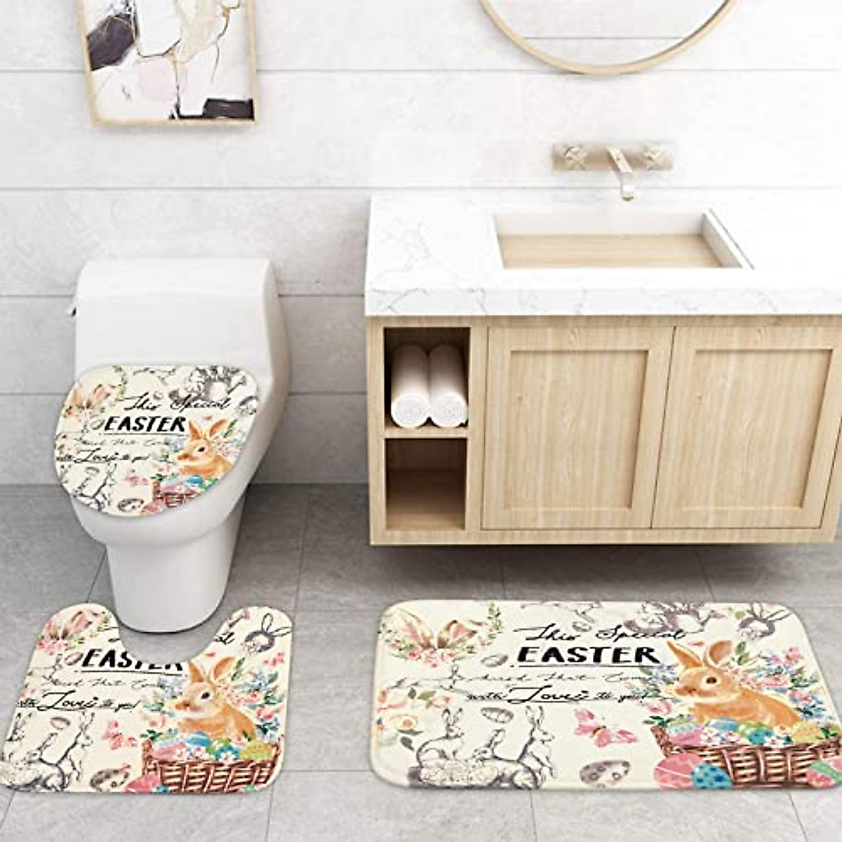 4 Pcs Easter Shower Curtain Sets with Non-Slip Rugs, Toilet Lid Cover, Bath Mat and 12 Hooks, Pink Rose Bunny Rabbit and Easter Eggs Spring Shower Curtains for Easter Day Bathroom Decoration