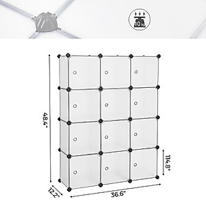 SONGMICS Cube Storage Organizer, Set of 12 Plastic Cubes, Closet Storage Shelves, DIY Plastic Closet Cabinet, Modular Bookcase, Shelving with Doors for Bedroom, Living Room, White ULPC342W01