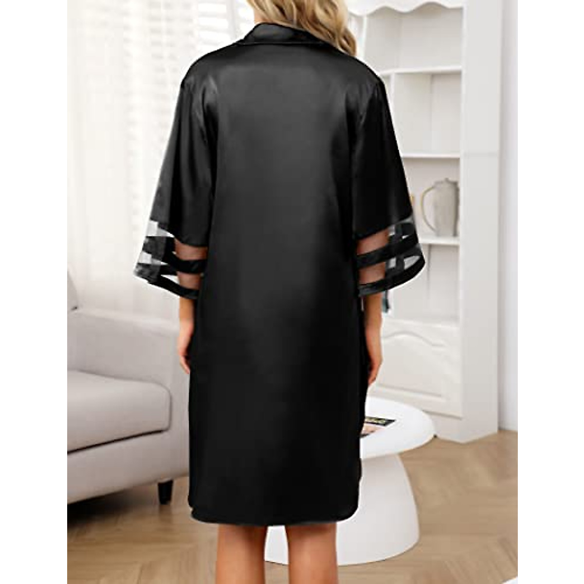 HBZDQB Womens Nightshirts Sexy Silky Sleepwear with Pocket Button Up Long Sleeve Sleepshirt Nightgown Cute Nighty Black M