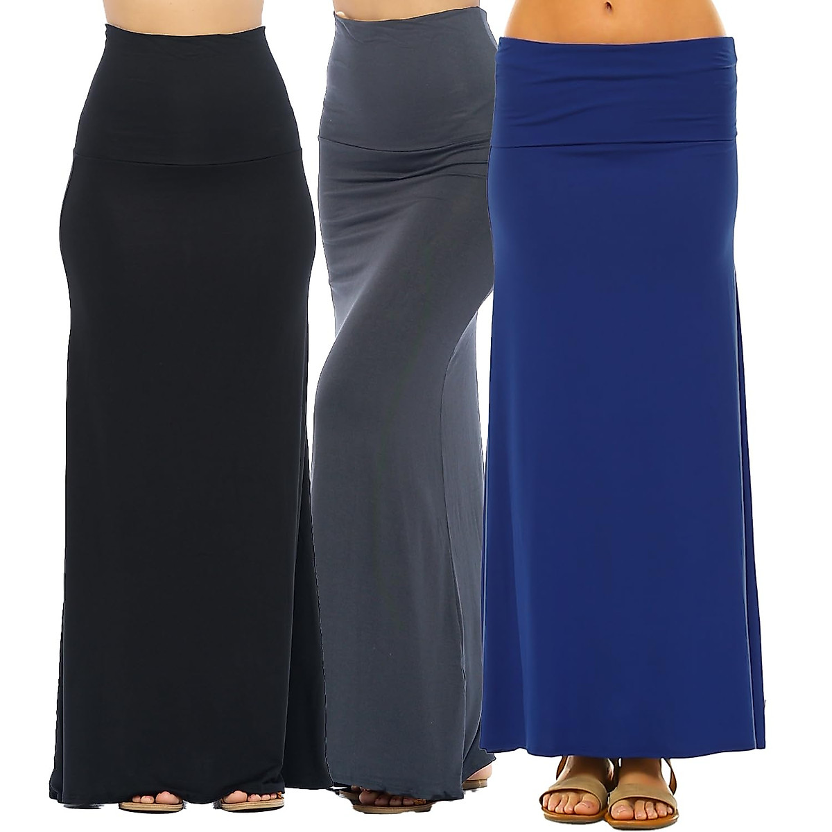 Isaac Liev Women's Pack of 3 Maxi Skirts for Women – Long Flowy Skirt Banded High Waist Band – 0013 BLK, DK GRAY, NV L